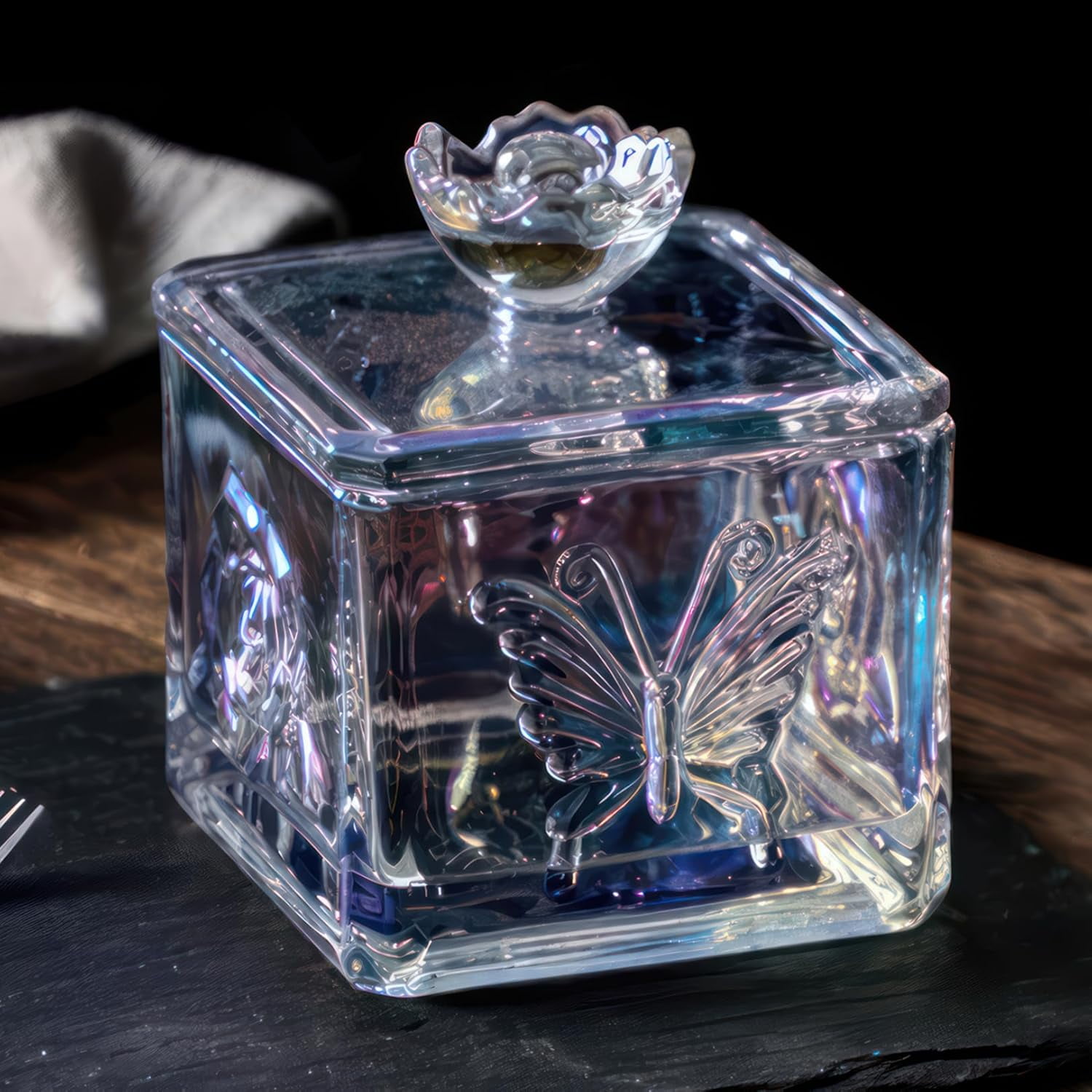 BURIBURIBURIBURI Iridescent Glass Candy Dish with Lid 14oz,Irised Clear ...