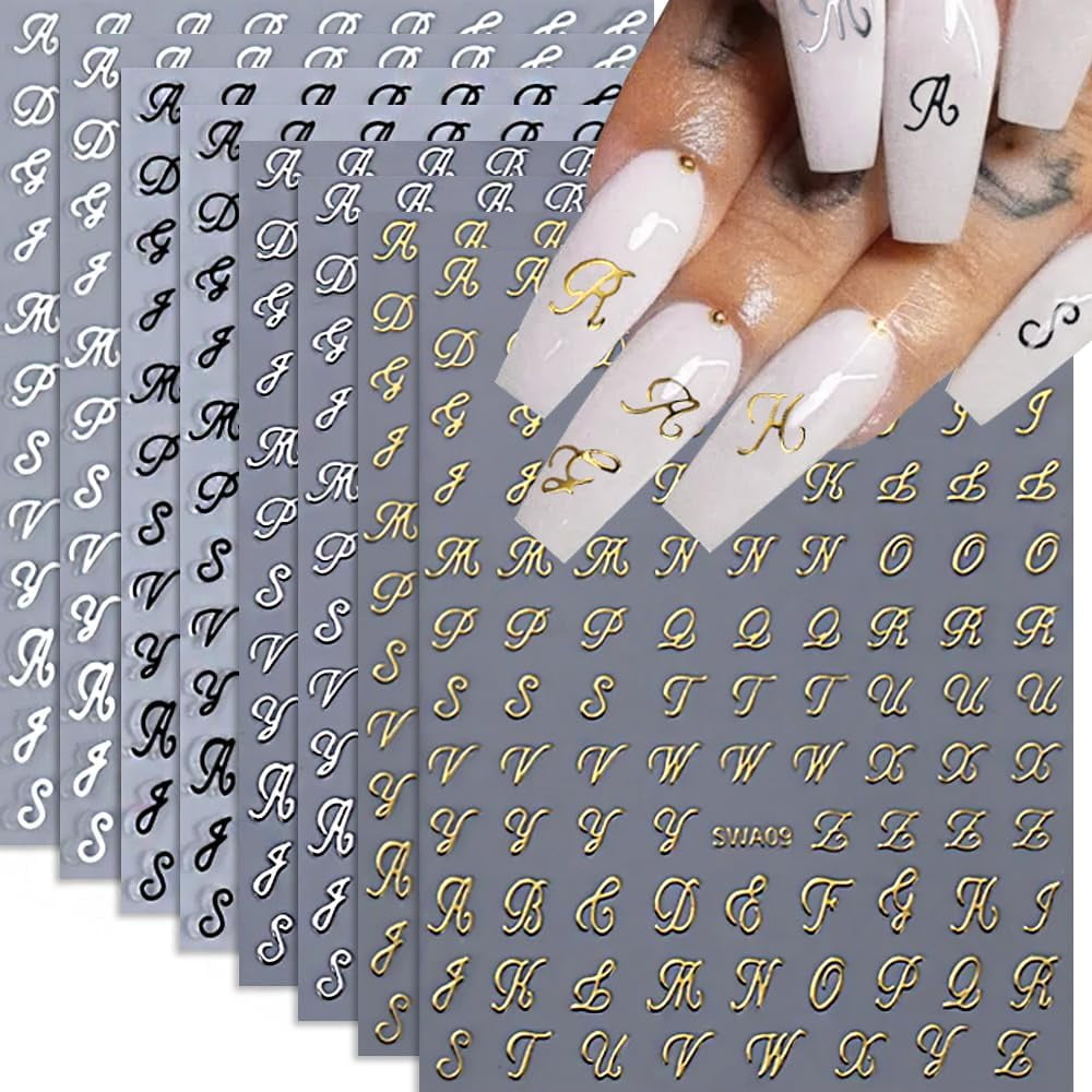BURIBURIBURIBURI Letter Nail Stickers, 8 Sheets Old English Letter Nail ...
