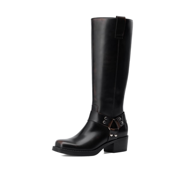 BURUDANI Women Square-Toe Knee-High Motorcycle Riding Boots Pull-On ...