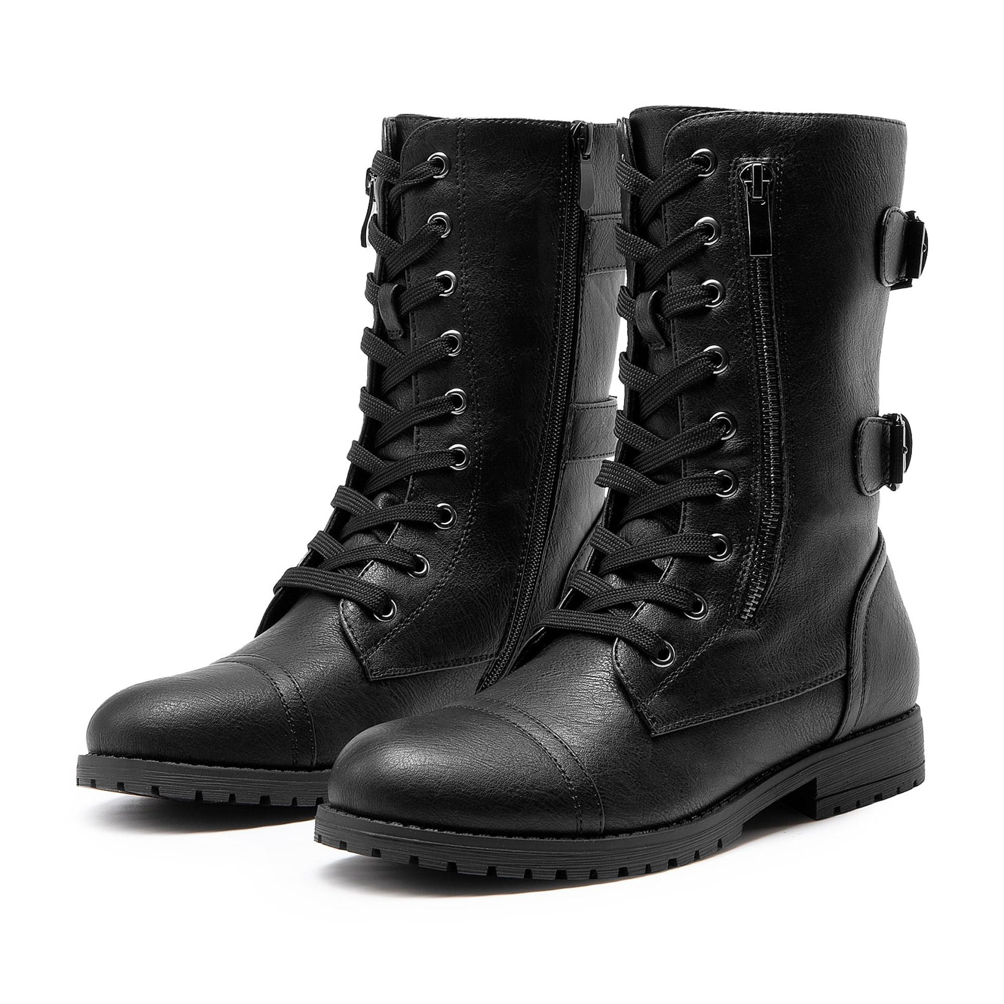 BURUDANI Women's Ankle Bootie Winter Lace up Mid Calf Military Combat ...