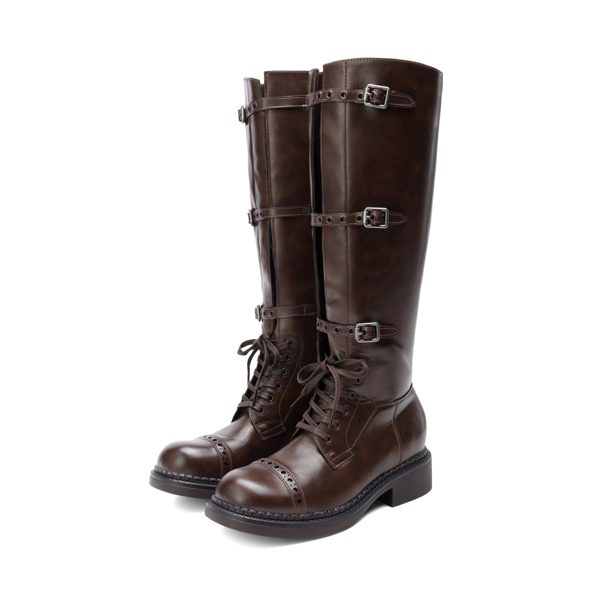 BURUDANI Women’s Lace-Up Combat Knee-High Boots Chunky Low-Heel Fall ...