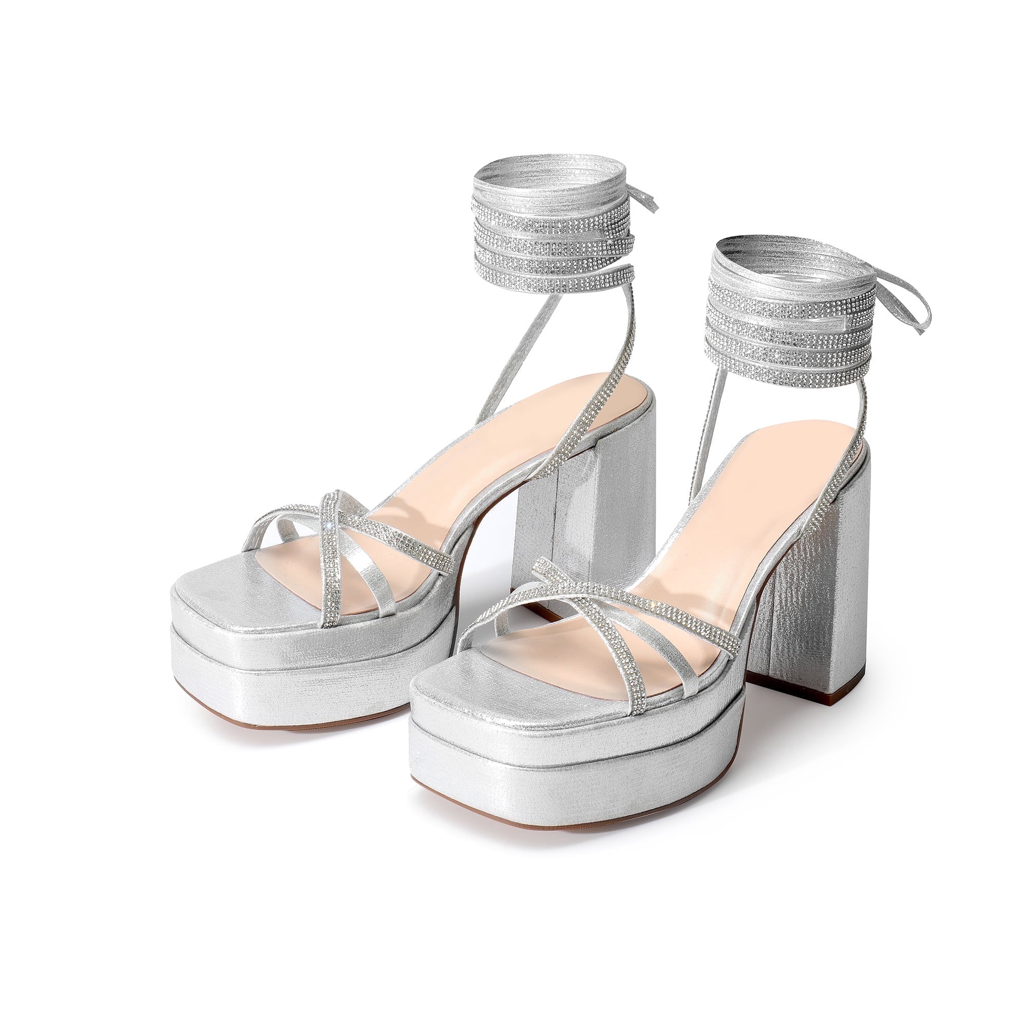BURUDANI Women's Lace Up Platform Heels Rhinestone High Strappy Chunky ...
