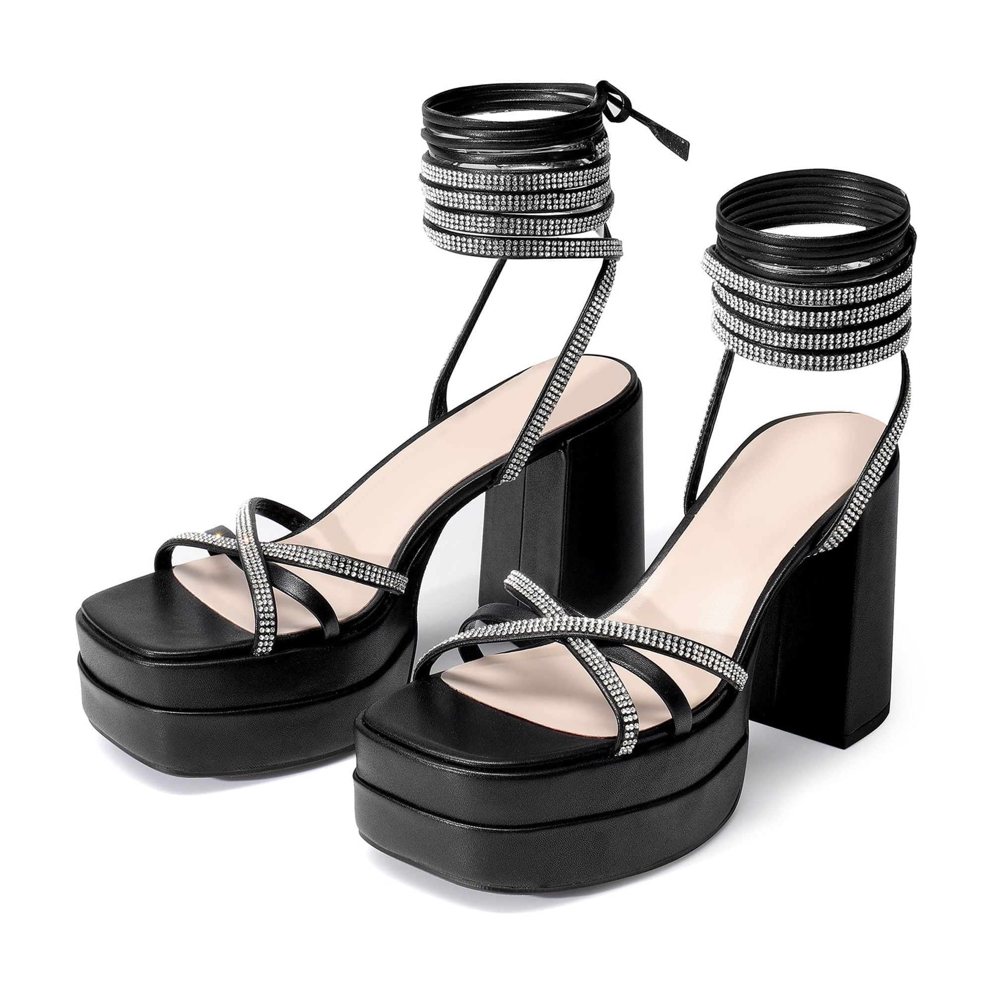 BURUDANI Women's Lace Up Platform Heels Rhinestone High Strappy Chunky ...