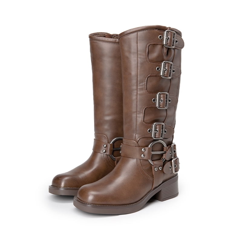 BURUDANI Women's Multi-Buckle Knee-High Moto Boots - Walmart.com