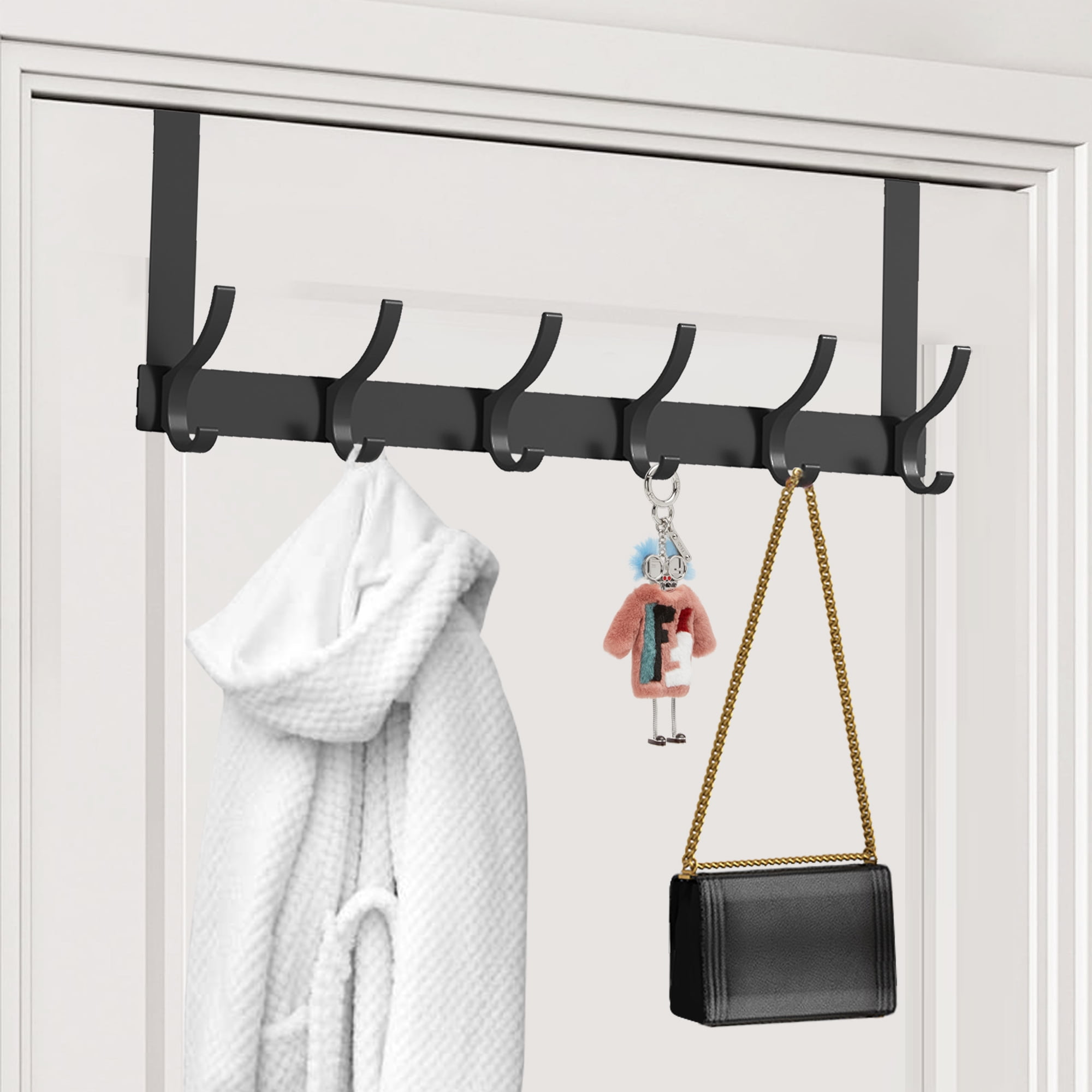"BUSATIA Over The Door Hooks, Black Space-Saving Towel Rack, 6 Dual Coat Hooks for Clothes, 15. ...