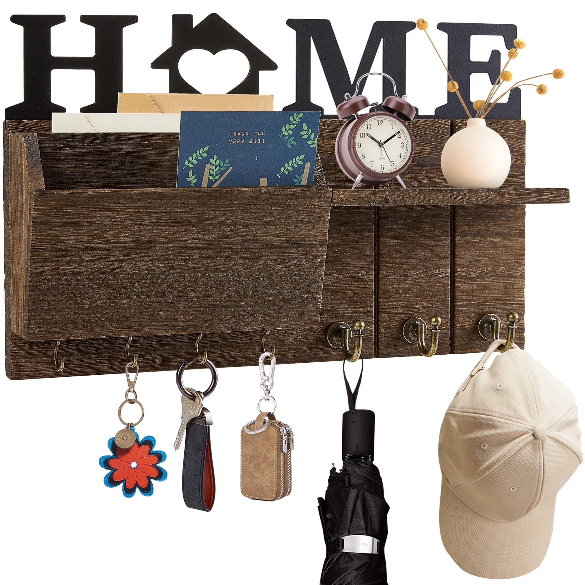 BUSATIA Rustic Wooden Key Holder & Mail Organizer, Farmhouse Wall Mount ...