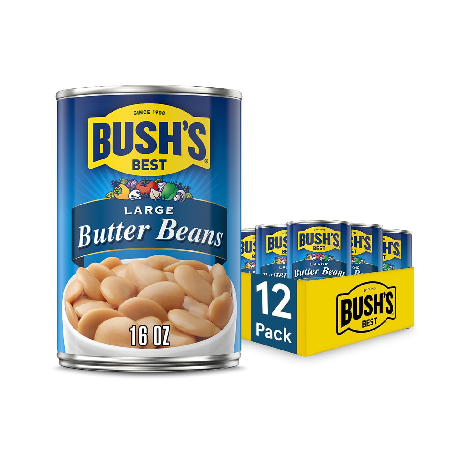 BUSH'S BEST 16 oz Canned Large KKS1 Butter Beans, Source of Plant Based ...