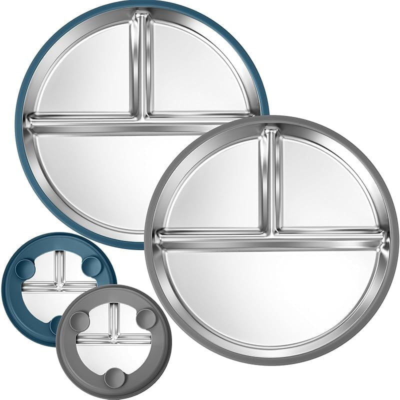 BUSOHA 2 Pack Stainless Steel Kids Plate with Suction - 9” Divided ...