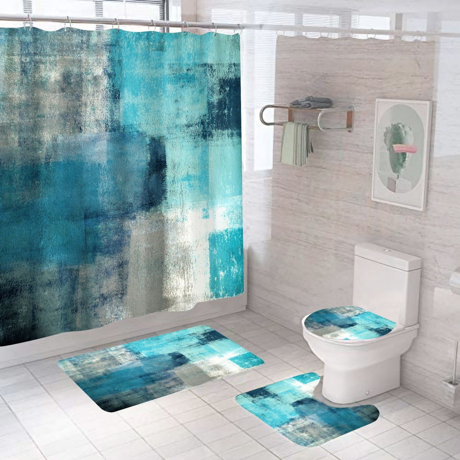 BUTIED 4 Pcs Bathroom Shower Curtain Set, Marble Abstract Art ...