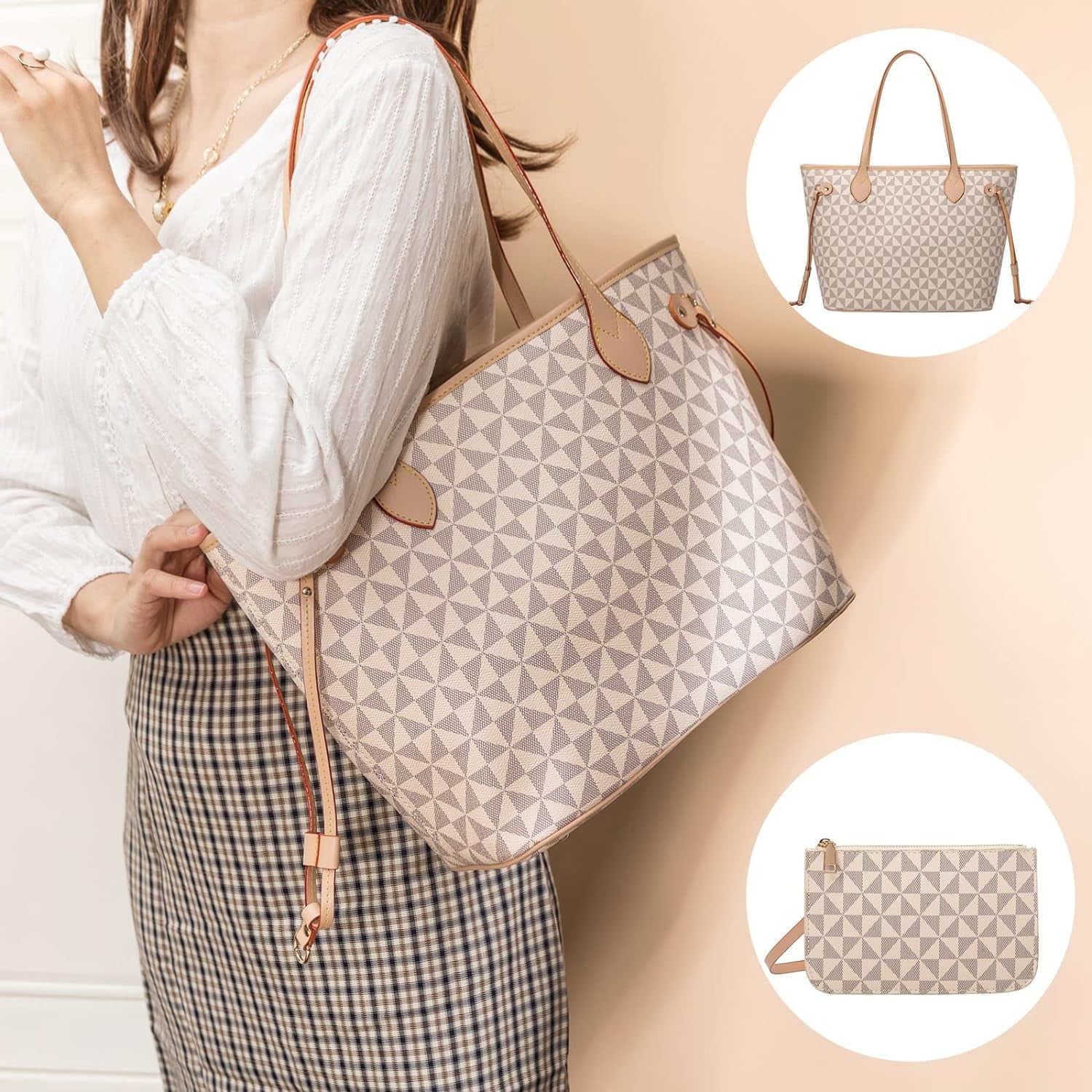 BUTIED Checkered Tote Shoulder Bag with inner pouch - PU Vegan Leather ...