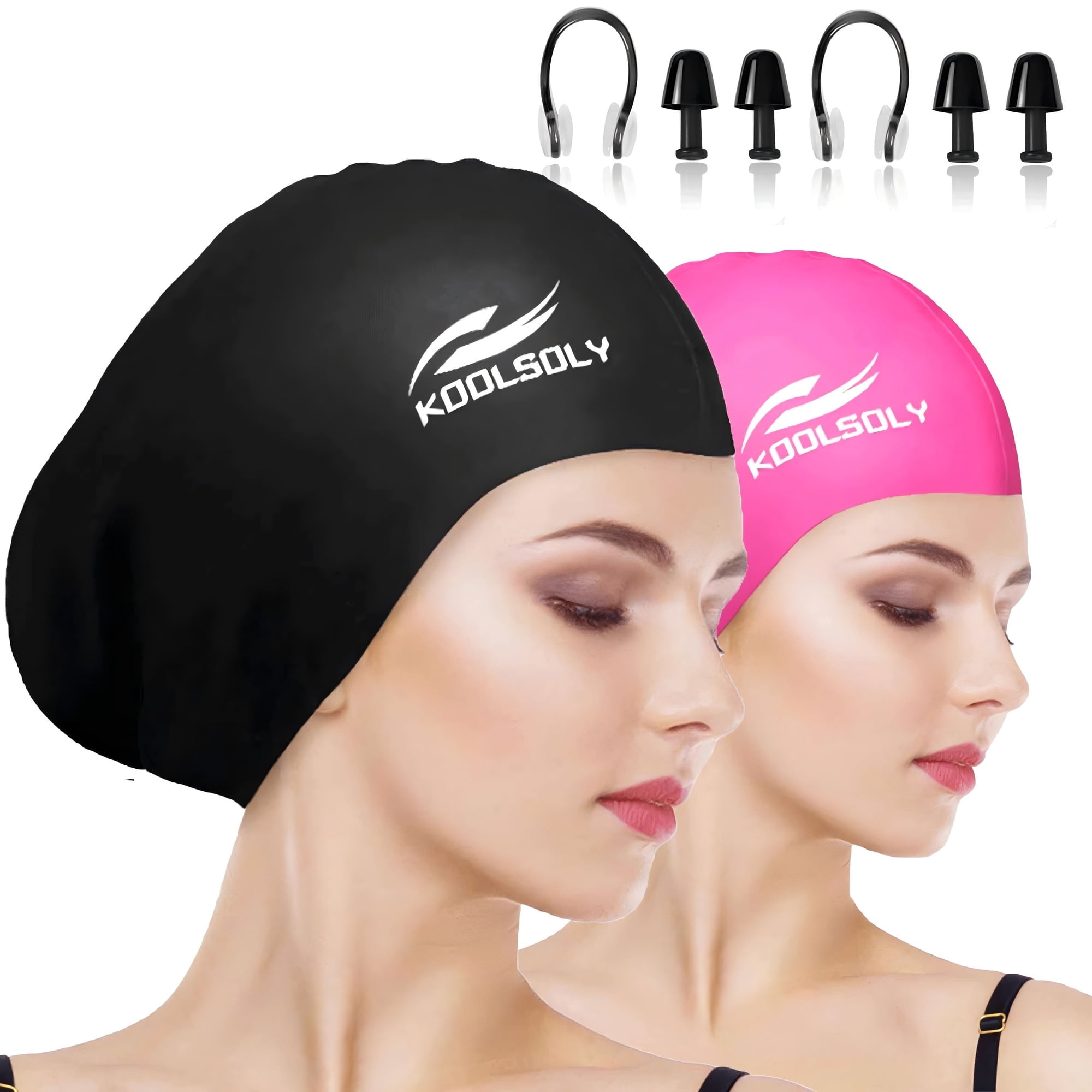 BUTKLNYTS Silicone Swim Caps, 2 Pack, Waterproof, Long Hair, Ear ...