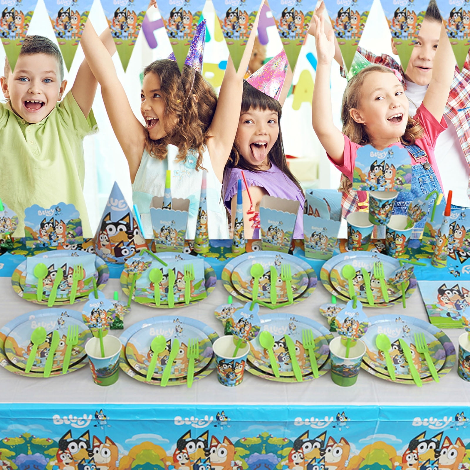 BUTOMKY 145 Bluey Birthday Party Supplies,Tablecloth for Bluey Party ...
