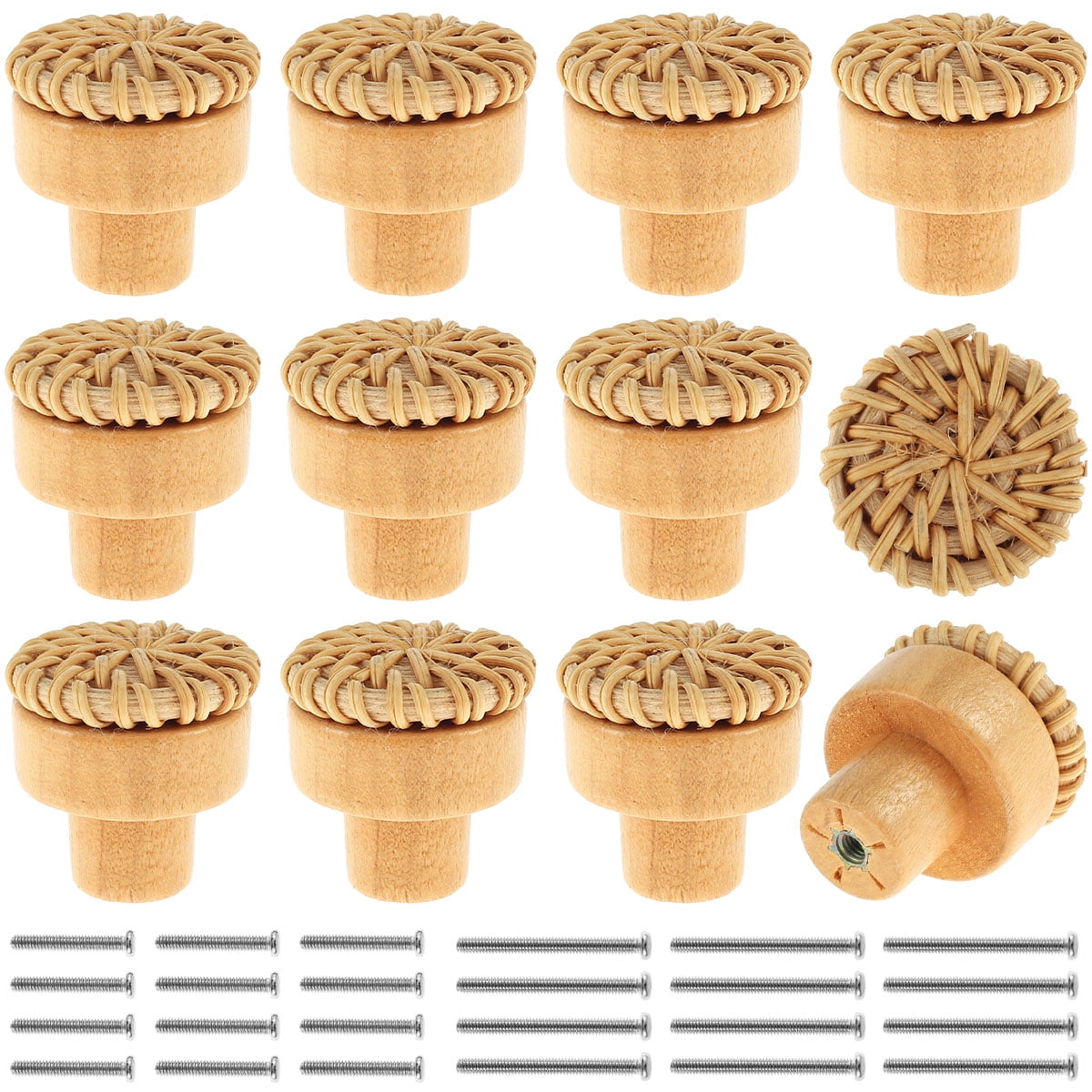 BUTORY 12Pcs Boho Rattan Dresser Knobs Kit Round Wooden Drawer Knobs ...