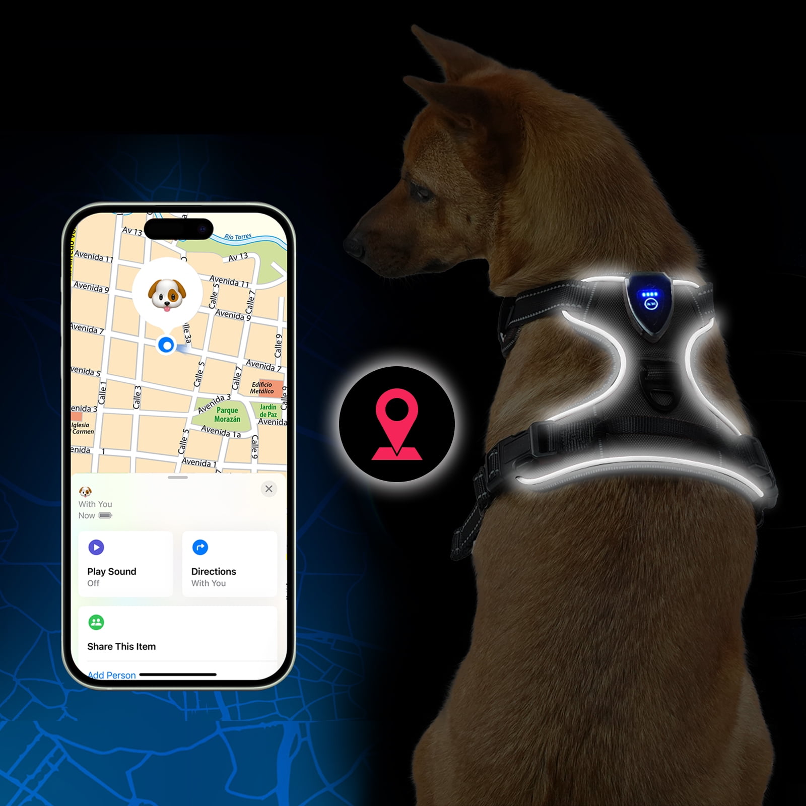 Light Up Dog Harness - No Pull Adjustable LED Bluetooth Tracker Dog ...
