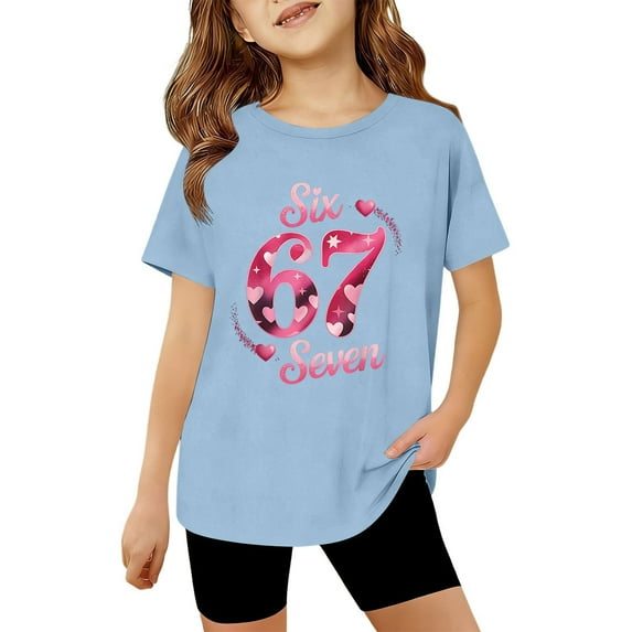 BUWTTED Girls Crewneck Short Sleeve Graphic Tees Six Seven Print Shirts ...