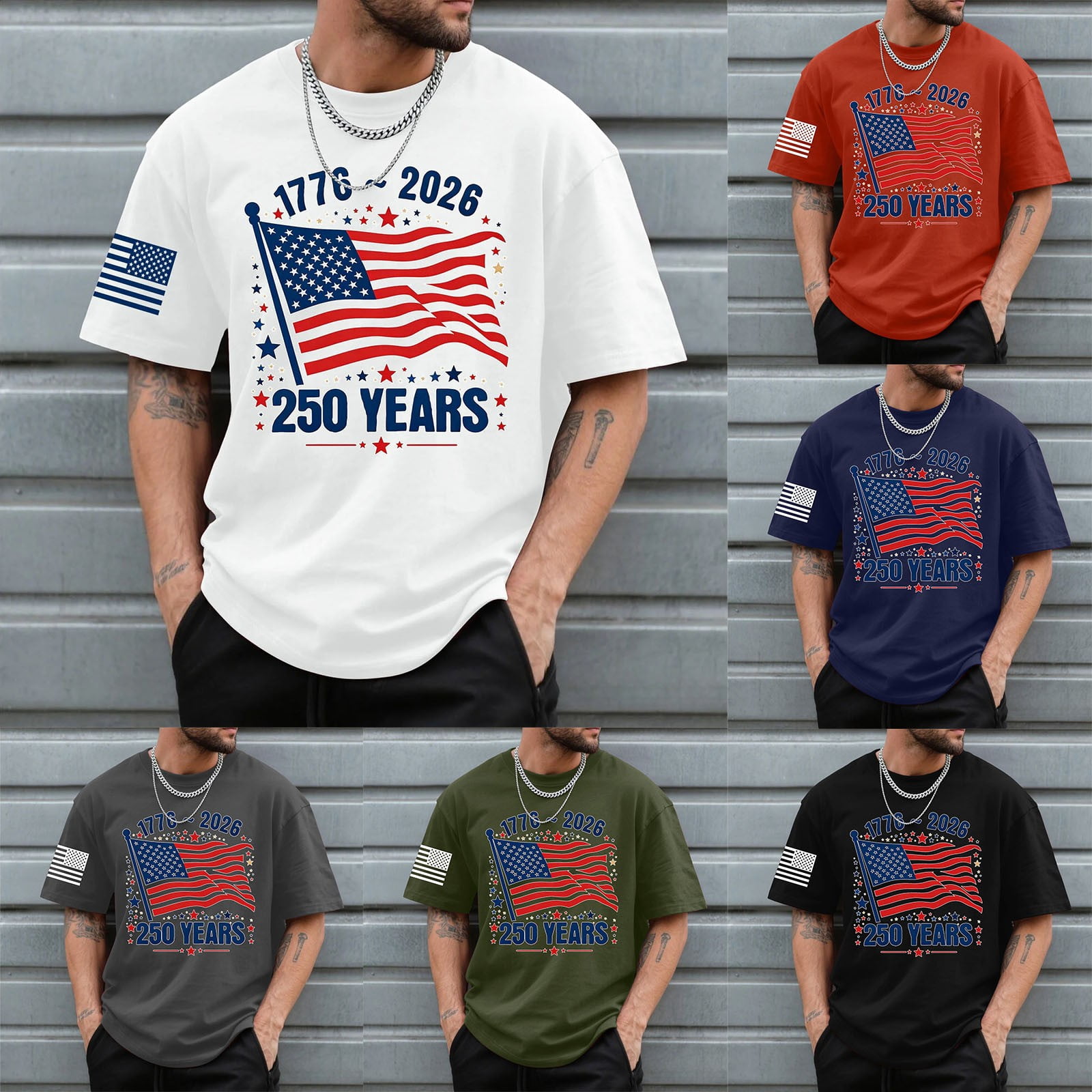 BUWTTED Men's Shirts Oversized USA Anniversary Flag Graphic Tees Casual ...