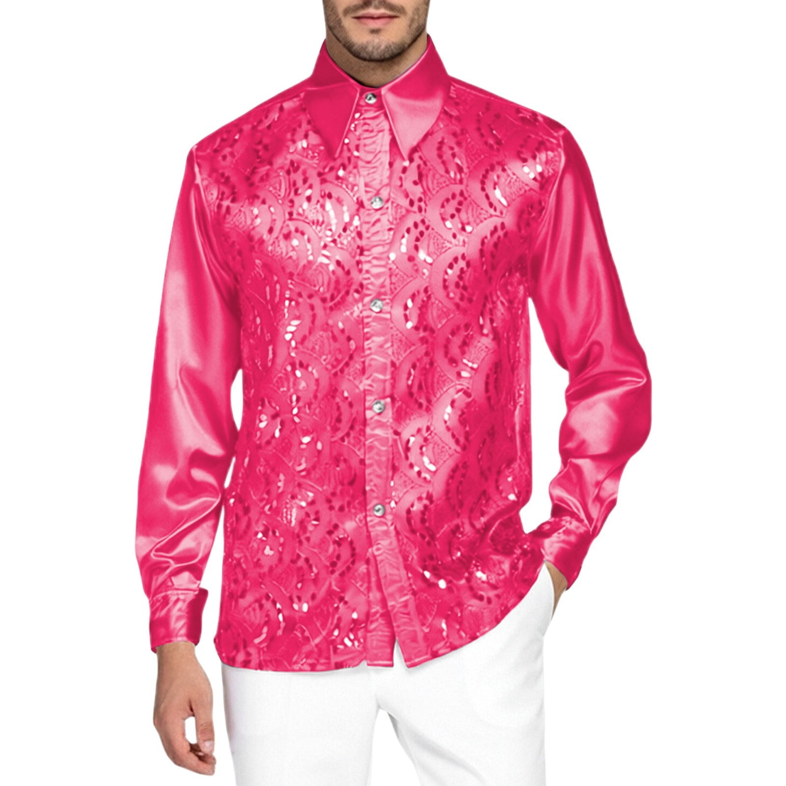 BUWTTER Button Down Shirt Men Long Sleeve Stage Performance Glitter Top ...