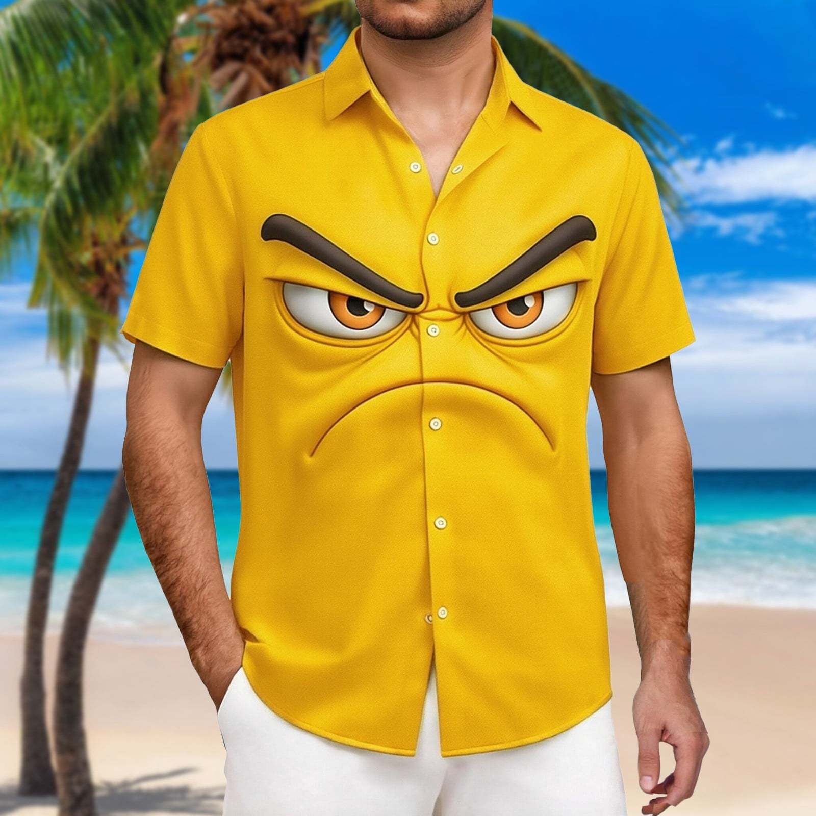 BUWTTER Men's Shirts Funny Face Print Summer Shirt Button Down Short ...