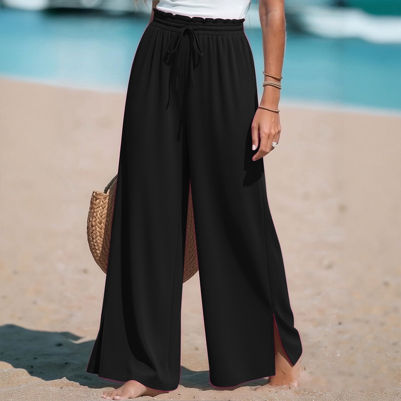 BUWTTER Pants for Women Palazzo Drawstring Elastic Waist Wide Leg with ...