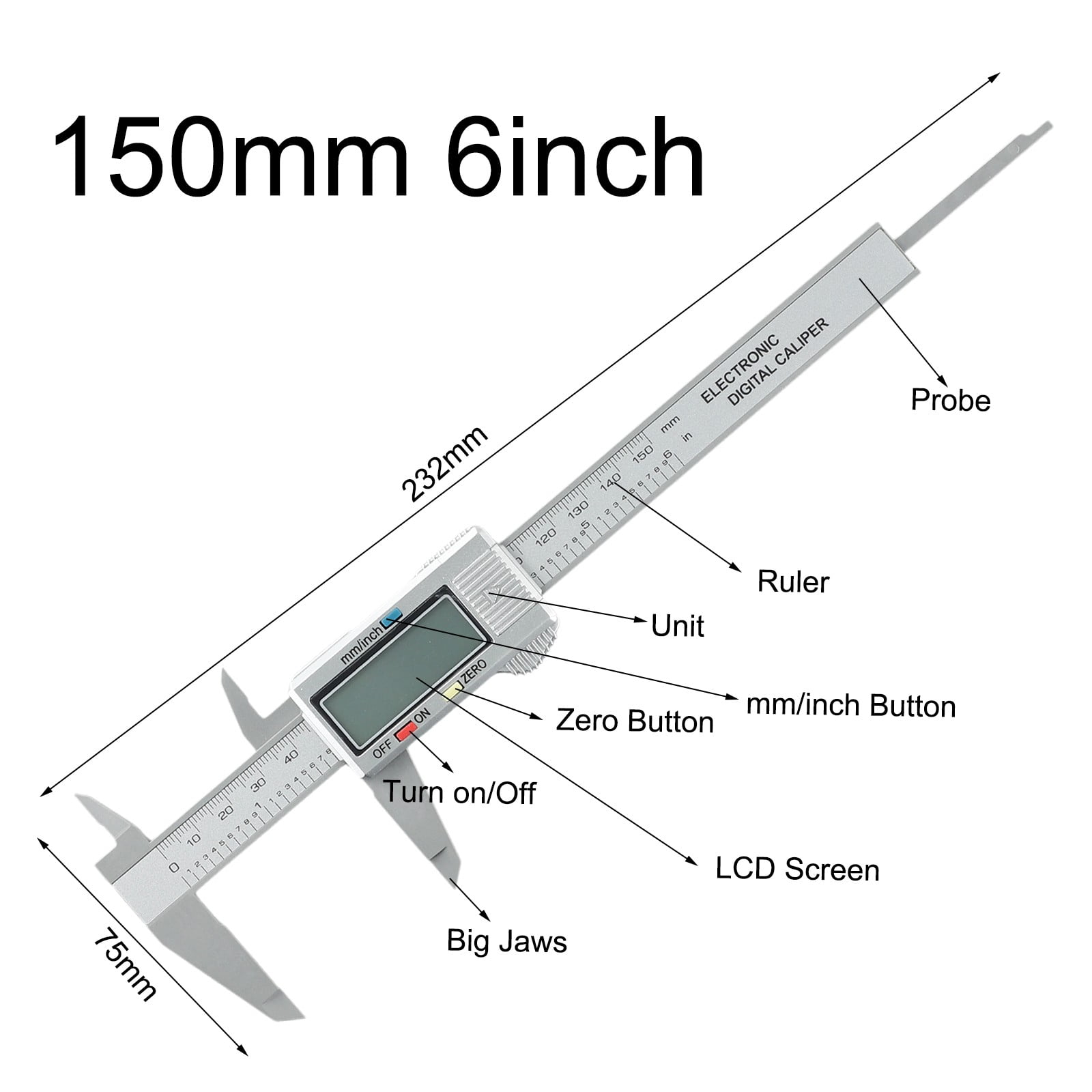 BUYISI 0-150MM 6-inch Vernier Calipers Steel Gauge Micrometer Measuring ...