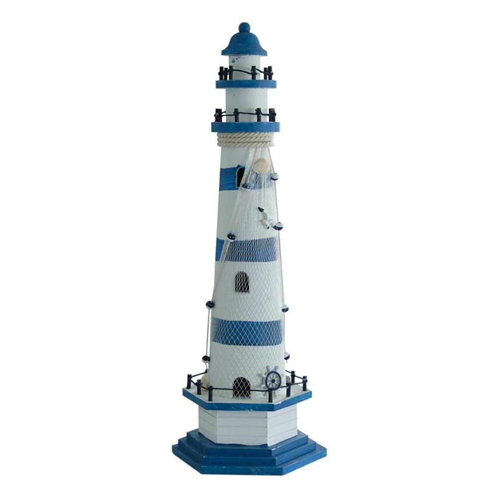 BUYISI Blue And White Striped Large Rudder Lighthouse Ornamental Wooden ...
