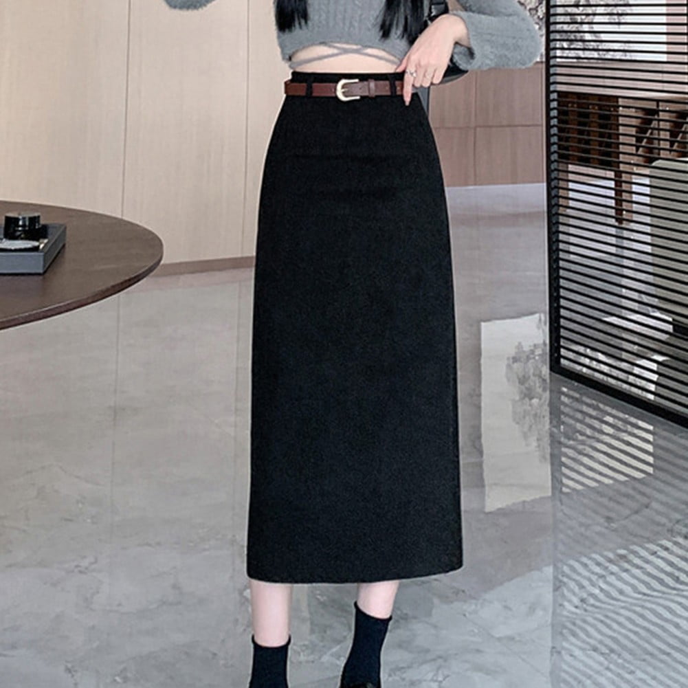 BUYISI Corduroy Womens High Waist Slit Drape Medium Long Straight Tube ...