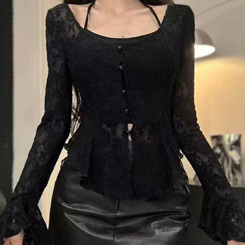 BUYISI Hot Girl V-neck Flared Long Sleeve Slim All-match Lace Cardigan ...