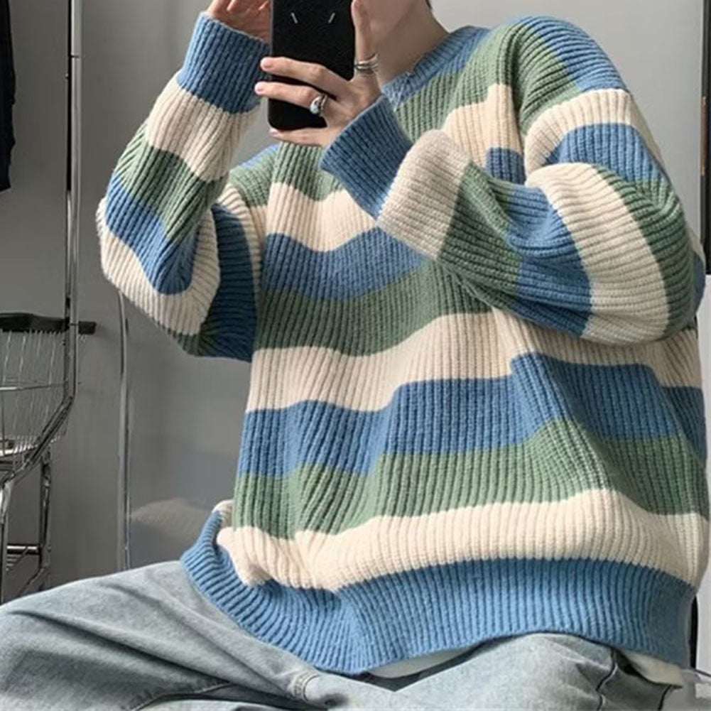BUYISI Men Autumn Striped Color Patchwork O Neck Knitted Sweater ...