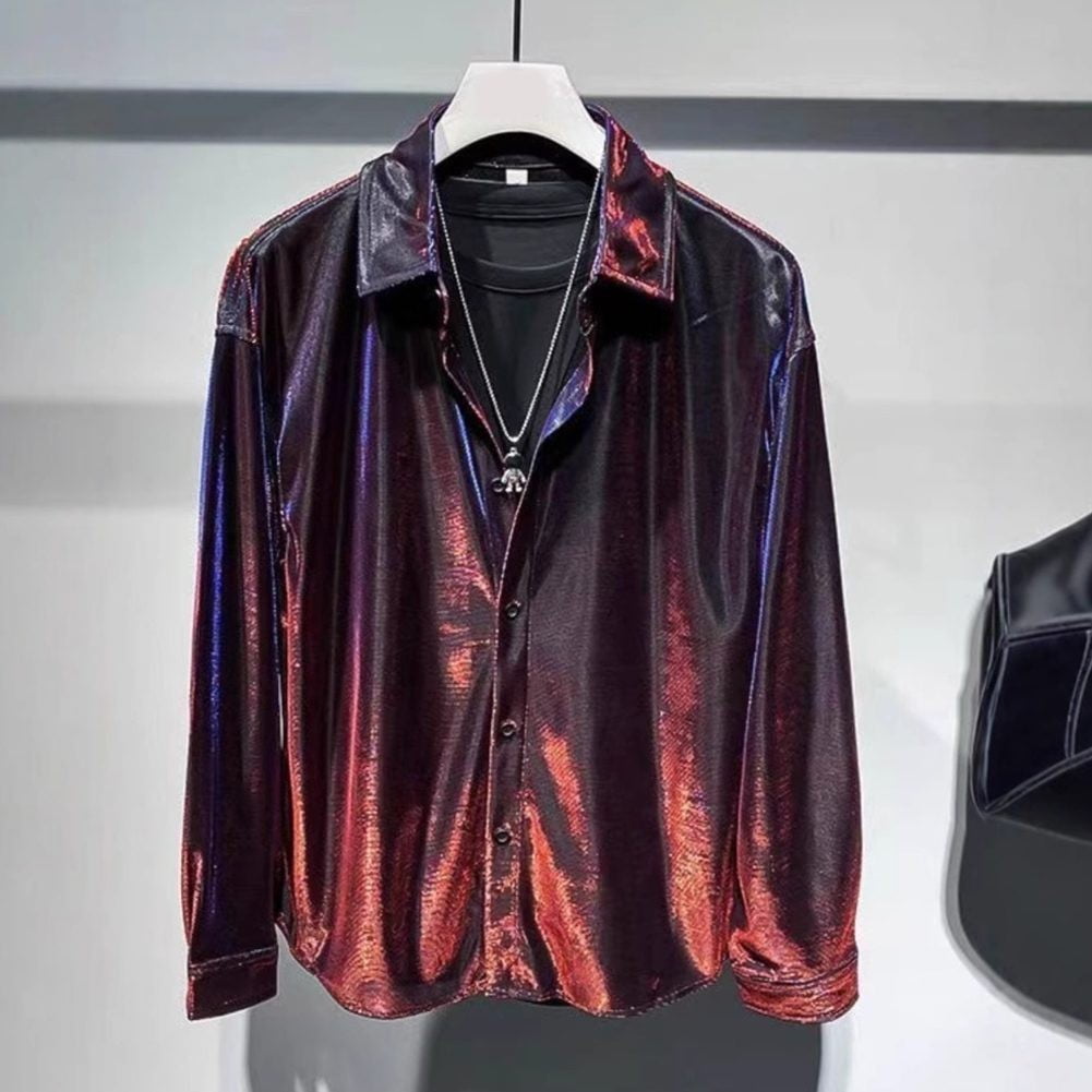 BUYISI Mens Spring Autumn Glossy Loose Long Sleeve Shirts Fashion Party ...