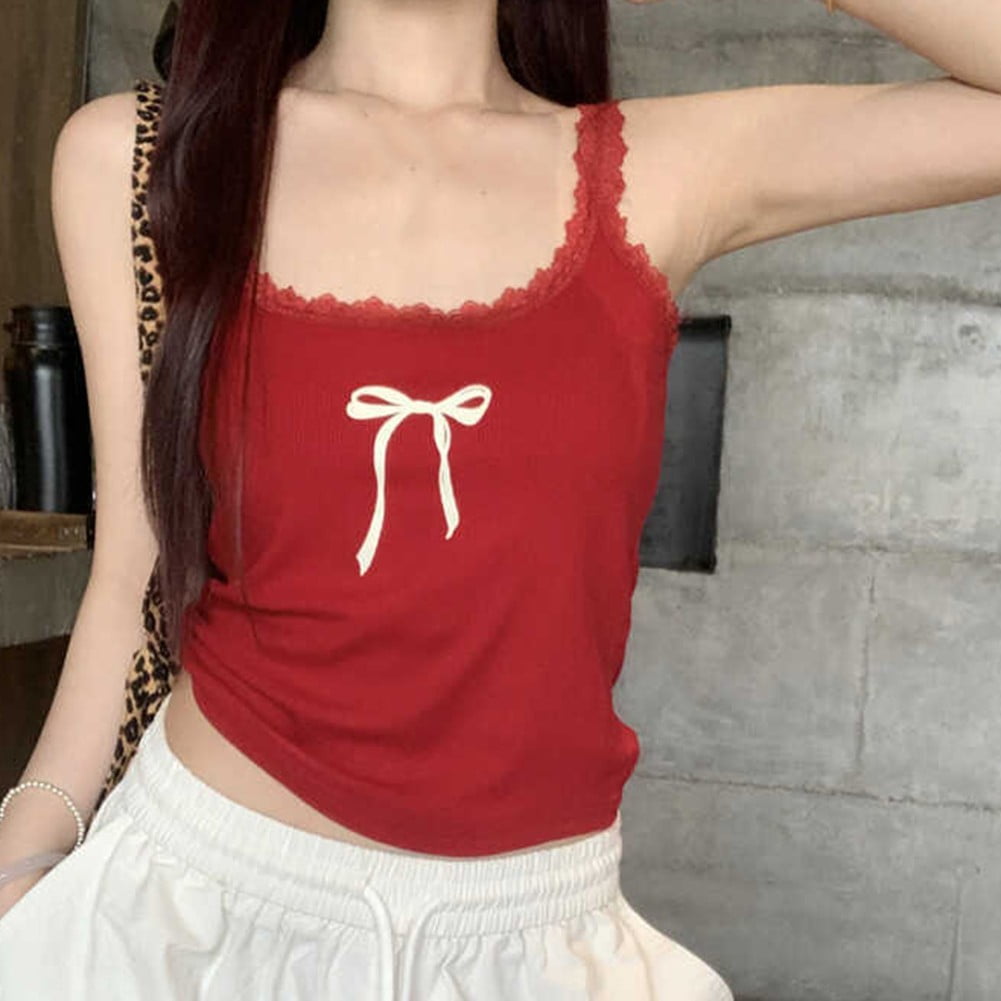 BUYISI Sweet Hot Girl Sexy Red Lace Bow Print Slim Short Camisole Red S ...
