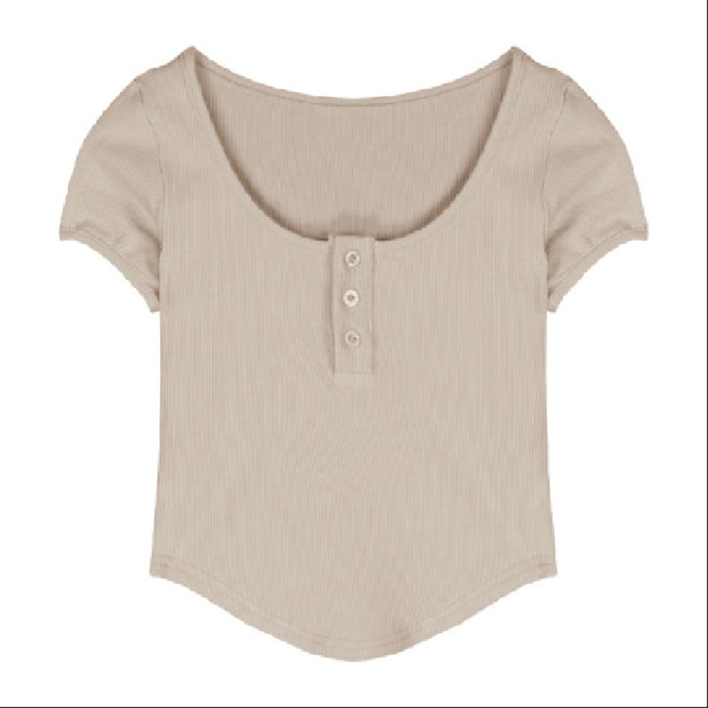 BUYISI T Shirts Slit Fabric Crop Tops Korean Shirts Decorated With ...