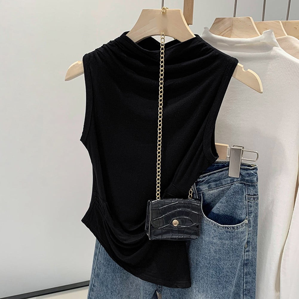 BUYISI Vintage Gyaru Womens Pleated Sleeveless Tank top Mock neck Slim ...