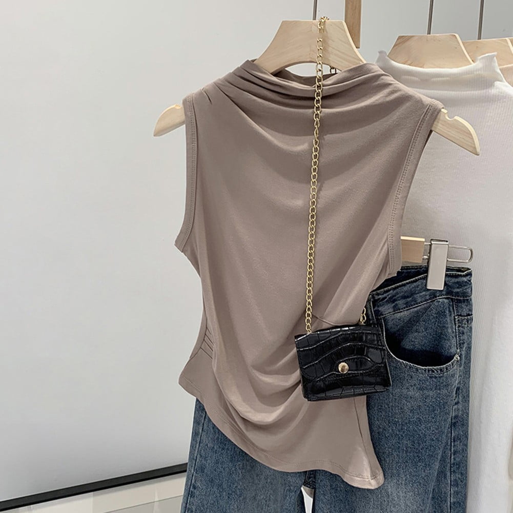 BUYISI Vintage Gyaru Womens Pleated Sleeveless Tank top Mock neck Slim ...