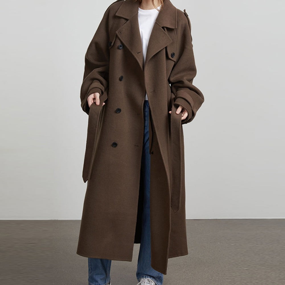 BUYISI Women Autumn Double Button Lapel Loose Belt Overcoats Fashion ...