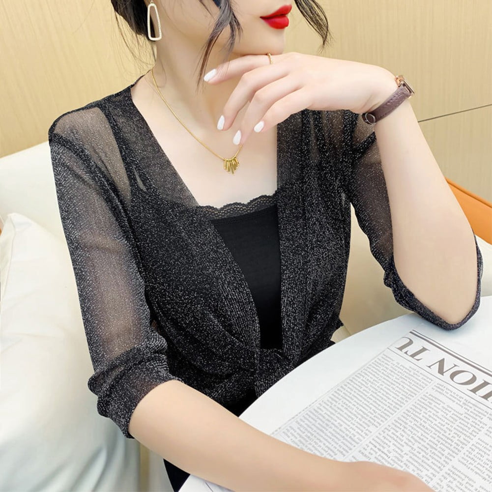 BUYISI Women Half Sleeve Lace Front Jacket Thin Sexy Sunscreen Short ...