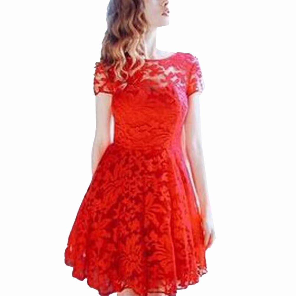 BUYISI Women Lace Elegant Short Dress Plus Size Crew Neck Evening Party ...