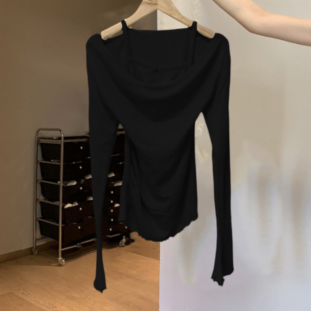 BUYISI Womens Fake Two-Piece Wooden Ear Flaps Long Sleeve Knitted ...