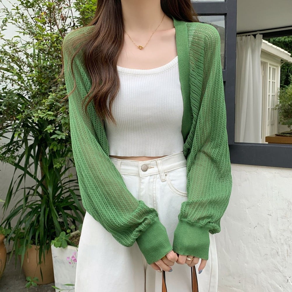 BUYISI Womens Hollow Sun Protection Cardigan Lantern Sleeve Thin Knit ...