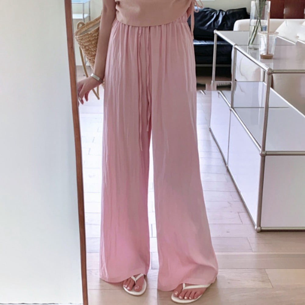 BUYISI Womens Ice silk wrinkle Wide leg pants High waist Straight leg ...