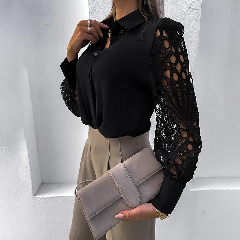 BUYISI Womens Lace Long Sleeve Blouse Office Ladies Work Button Down ...
