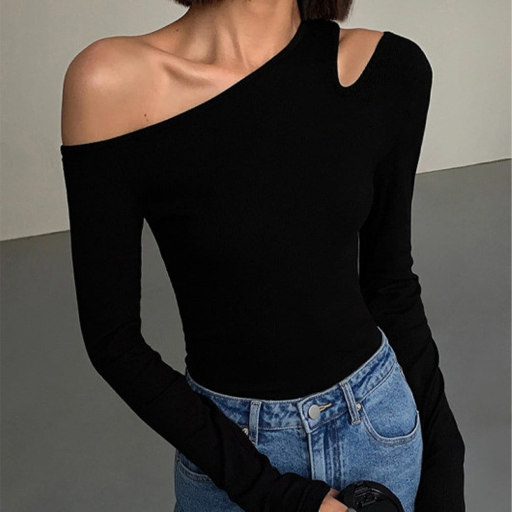 BUYISI Womens Oblique Collar Long-Sleeved Trendy Sexy Off-Shoulder ...