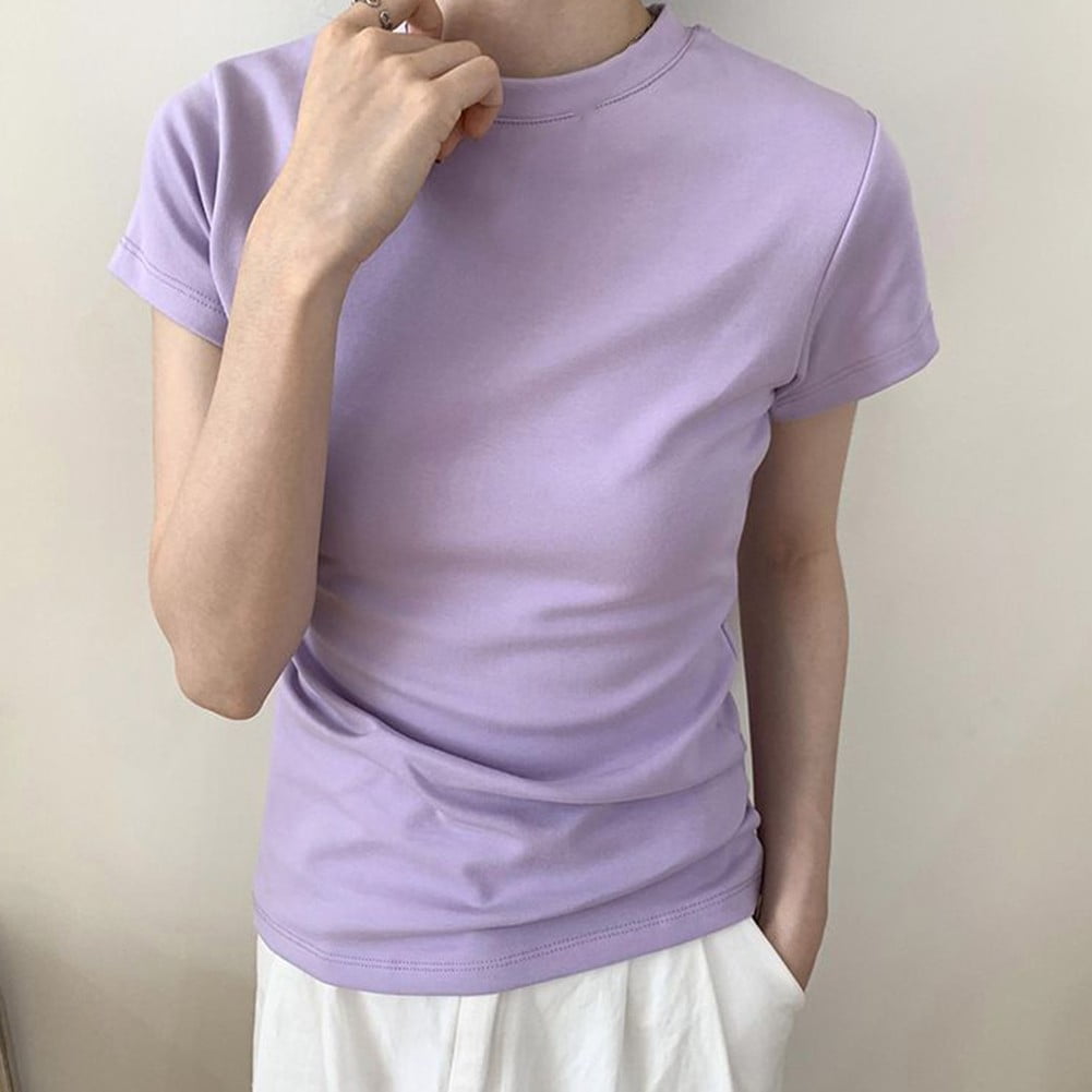 BUYISI Womens Solid Color Basic Short Sleeved T-Shirt Casual Summer O Neck Versatile Purple XL ...