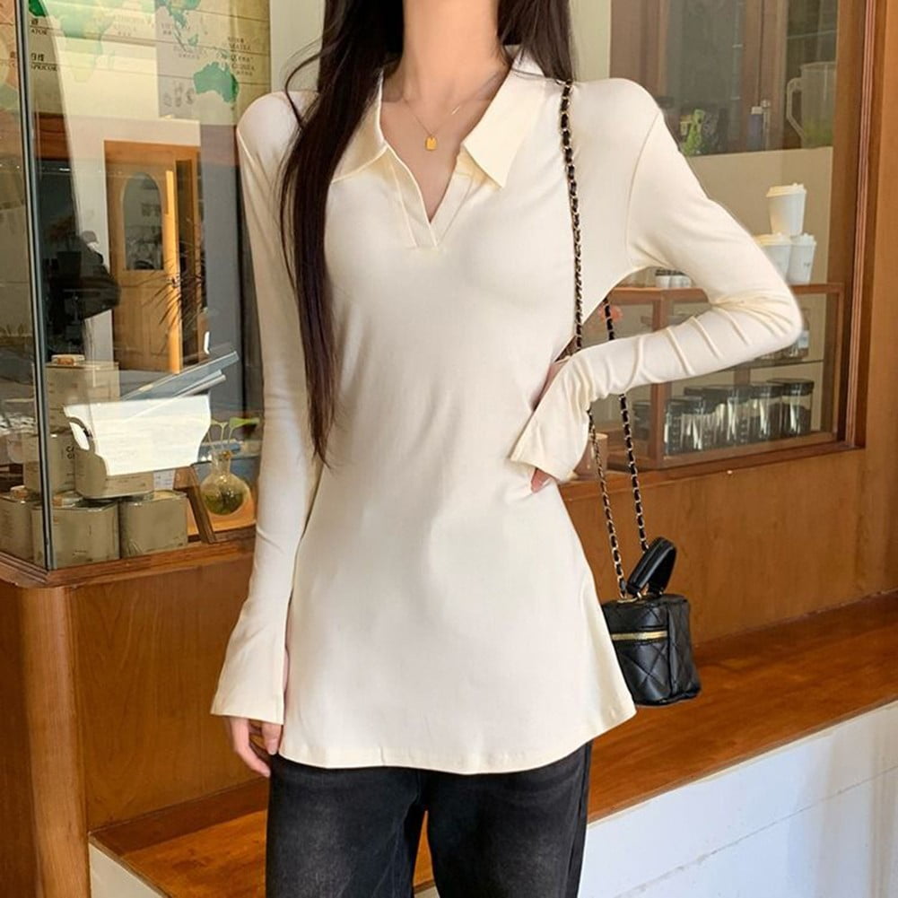 BUYISI Womens Vintage Long Sleeve Neck Top 2000S Aesthetic T Shirt Simple Y2K Apricot L ...