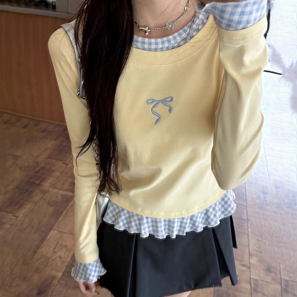 BUYISI Yellow Fake Two Piece Plaid Long Sleeved T Shirt For Women With ...