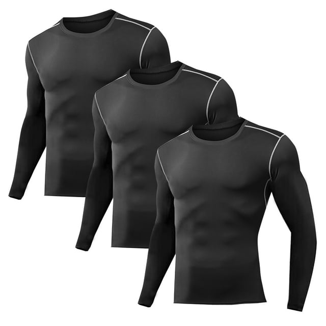 BUYJYA 3 Pack Men's Athletic Compression Shirts Workout Long Sleeve ...