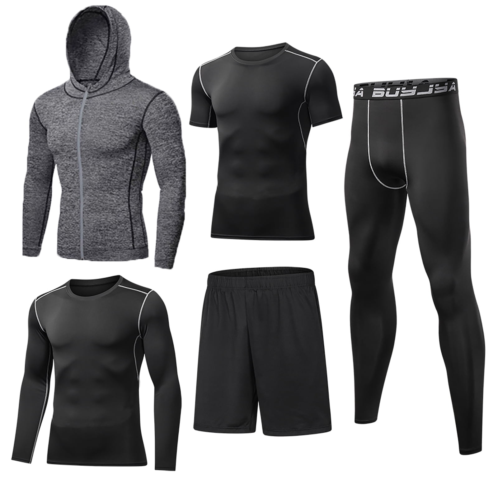 BUYJYA Men's 5Pcs Workout Set, Gym Clothing with Compression Leggings ...