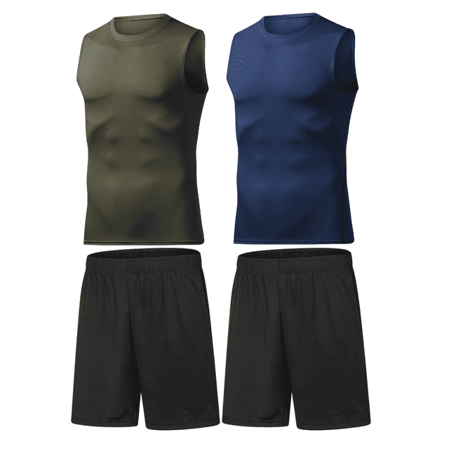 BUYJYA Men's 2 Pack Fitness Tank Shorts Muscle Gym Clothes Workout Set ...