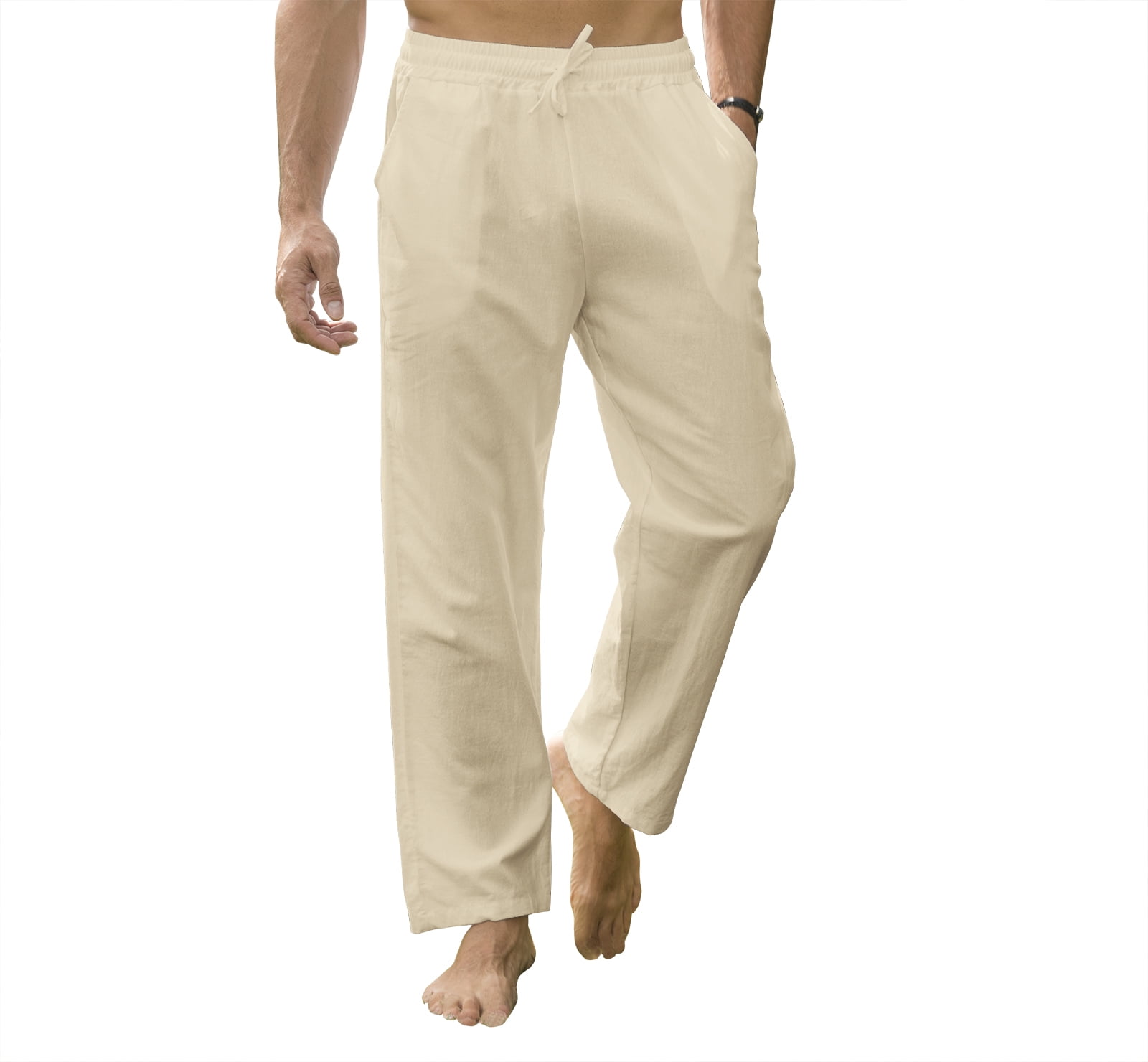 BUYJYA Men's Drawstring Linen Pants Casual Yoga Wedding Beach Loose Fit ...