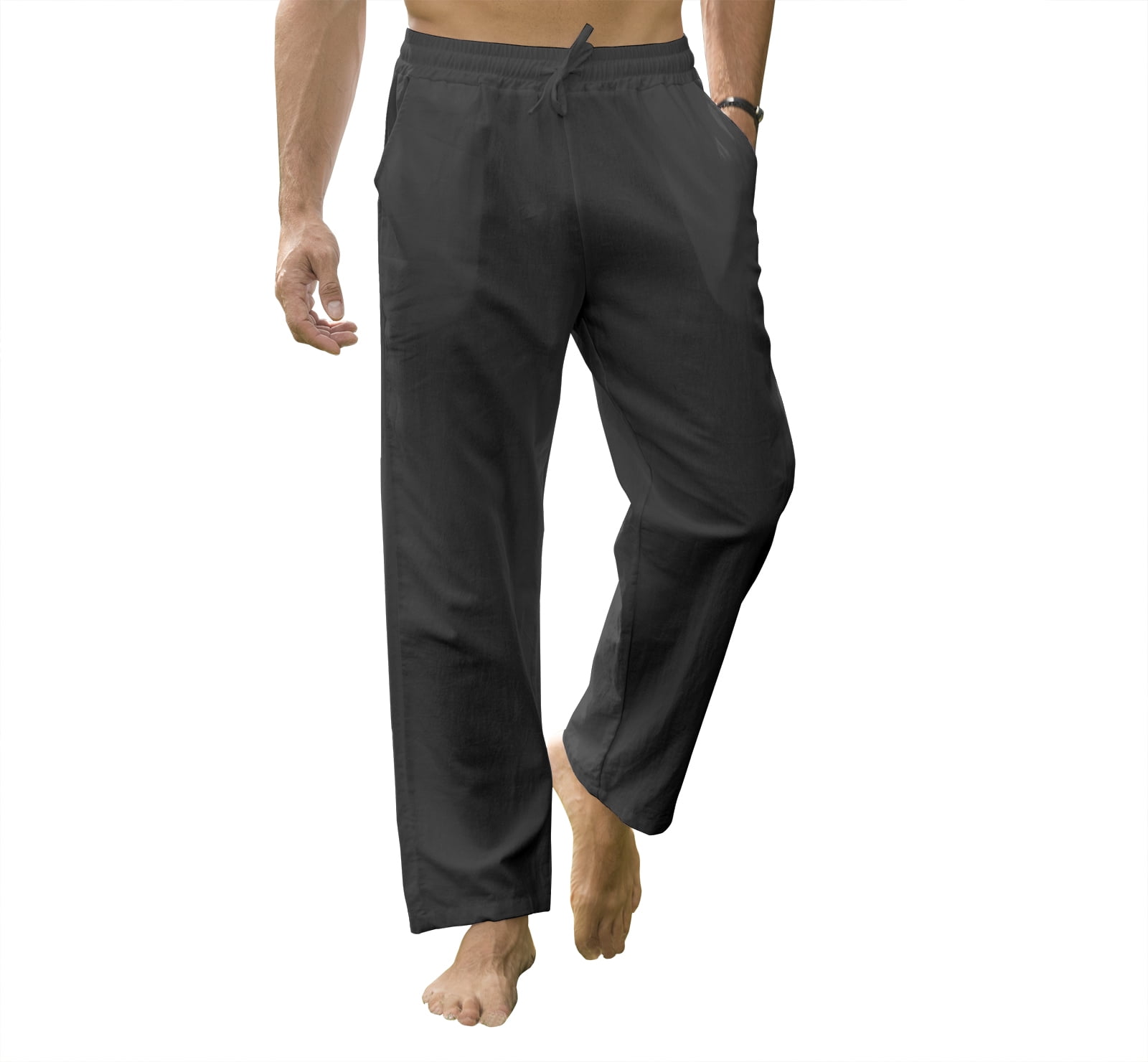 BUYJYA Men's Drawstring Linen Pants Casual Yoga Wedding Beach Loose Fit ...