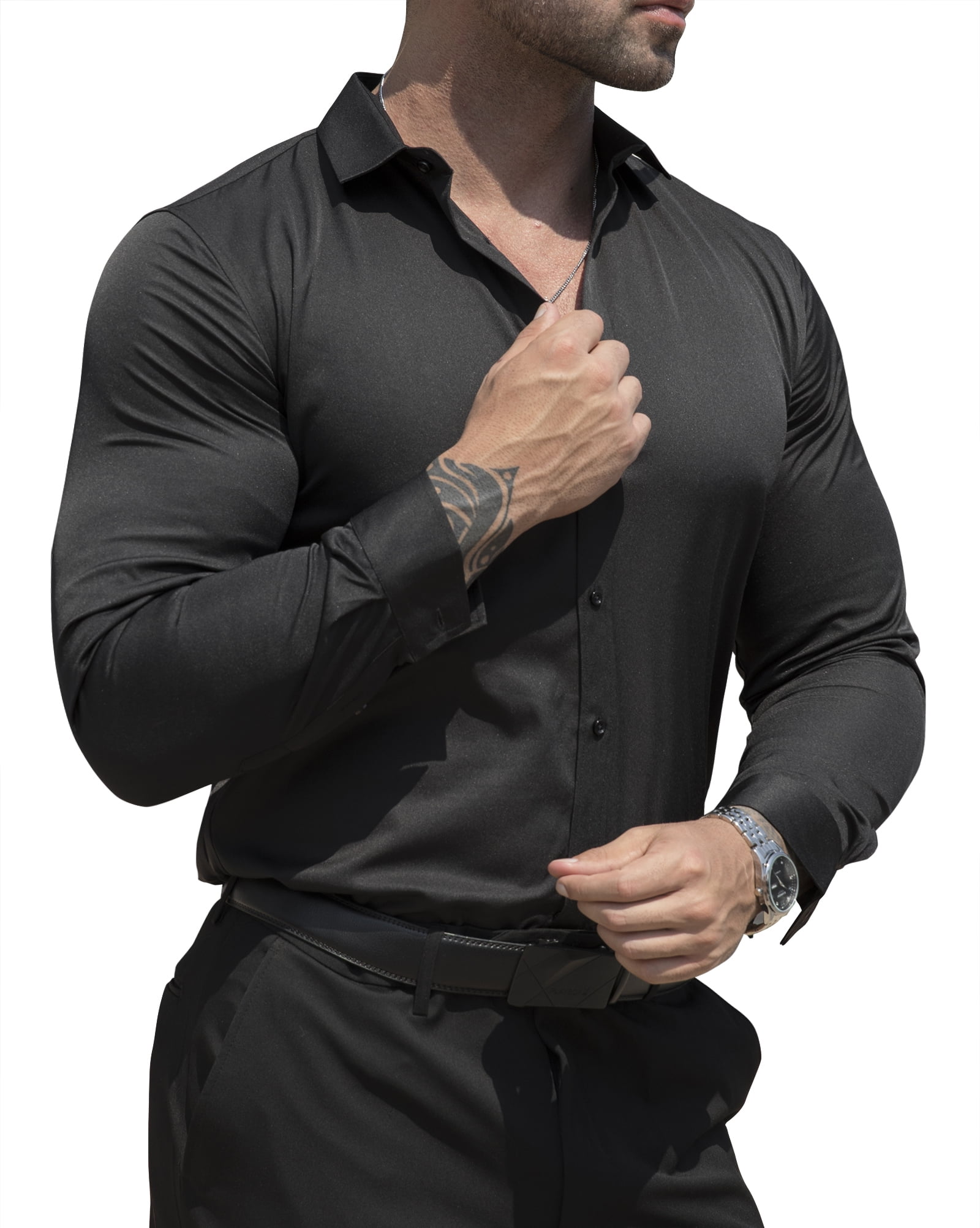 BUYJYA Men's Muscle Dress Shirts Casual Button Down Long Sleeve Elasticity Athletic Fit Wrinkle ...